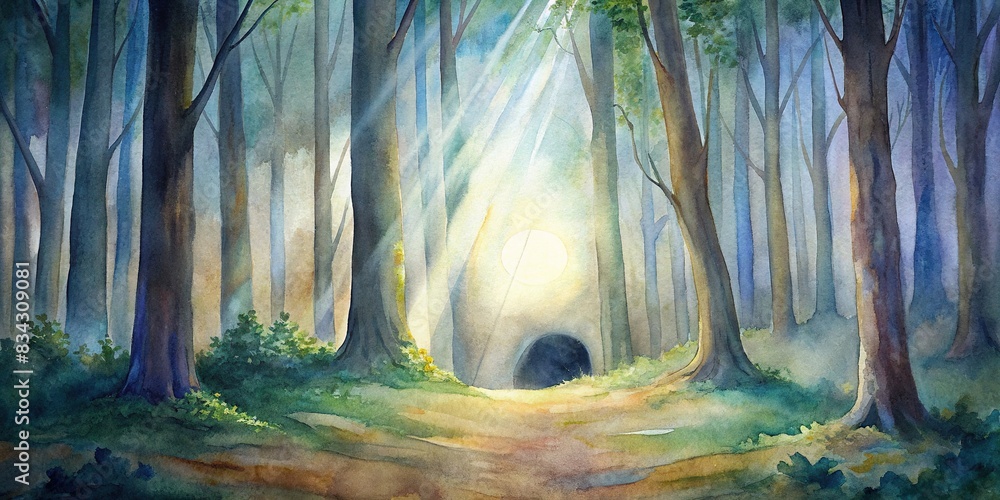 Light filtering through dense forest with a hole in the canopy, casting ...