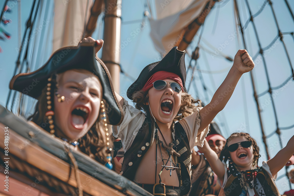 kids in a pirate outfit exploring a pirate ship with treasure chests ...