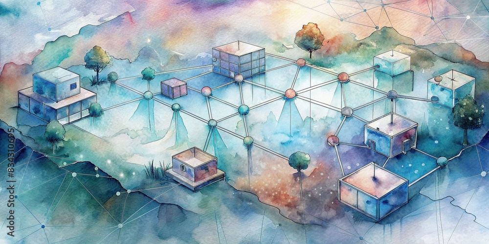 ภาพประกอบสต็อก Scalable and future-proof network architecture design with abstract watercolor ...
