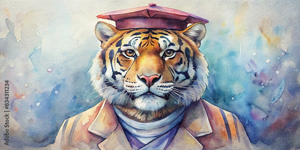 watercolor portrait of a tiger wearing a square academic cap, wildlife ...