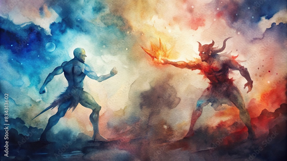 War between good and evil depicted in generative watercolor graphics ...