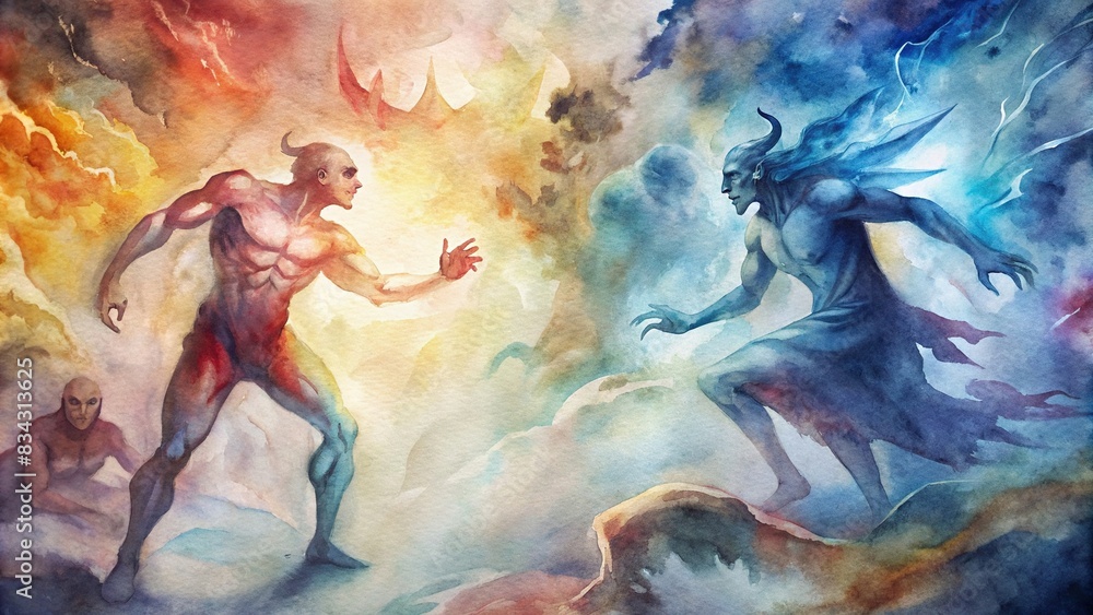 War between good and evil depicted in generative watercolor graphics ...