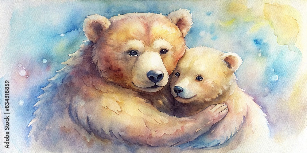 Hyper realistic watercolor of a super cute mama bear hugging a baby ...