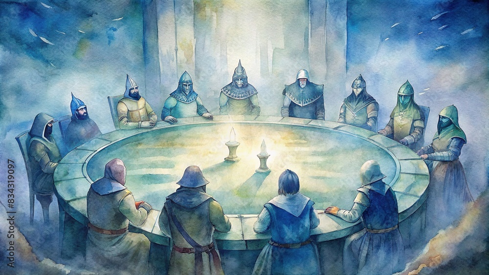 Watercolor of a mystical Council of Knights at the Round Table ...