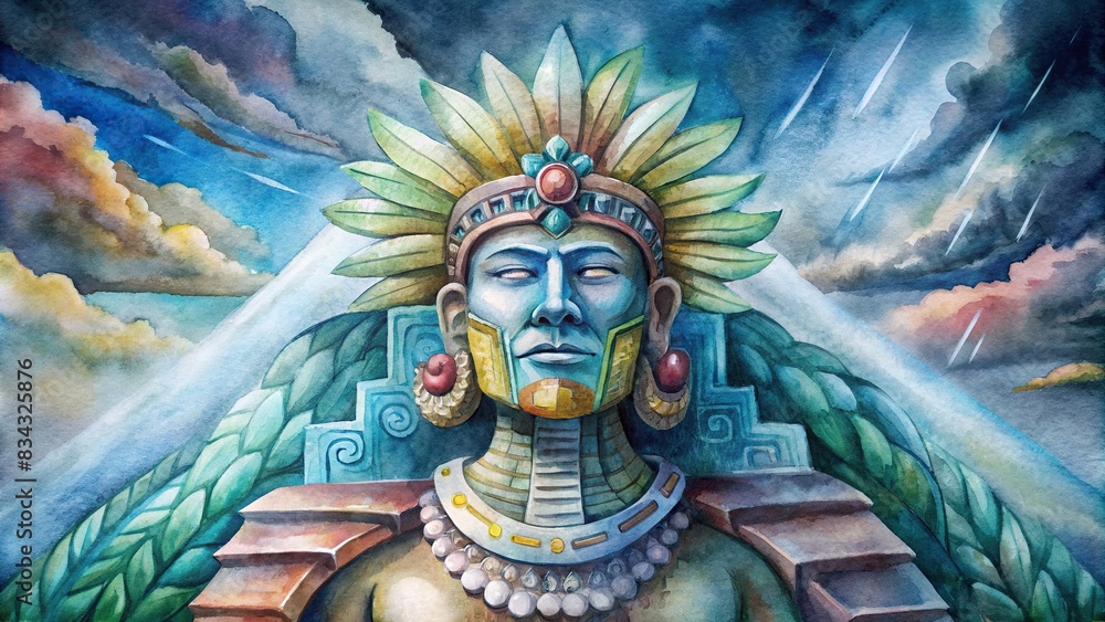 Watercolor painting of Mayan god Kukulkan, the feathered serpent god ...