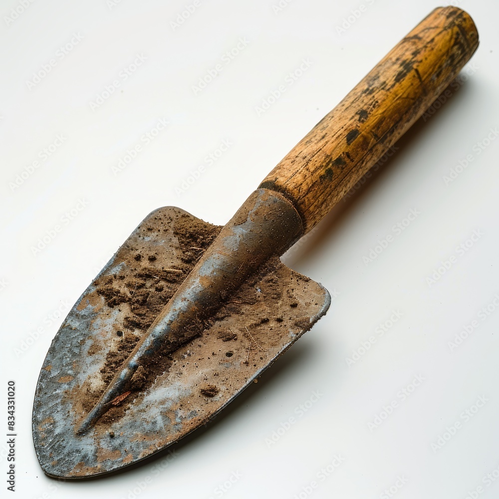A well-used garden trowel with dirt on the blade, showcasing the wear ...