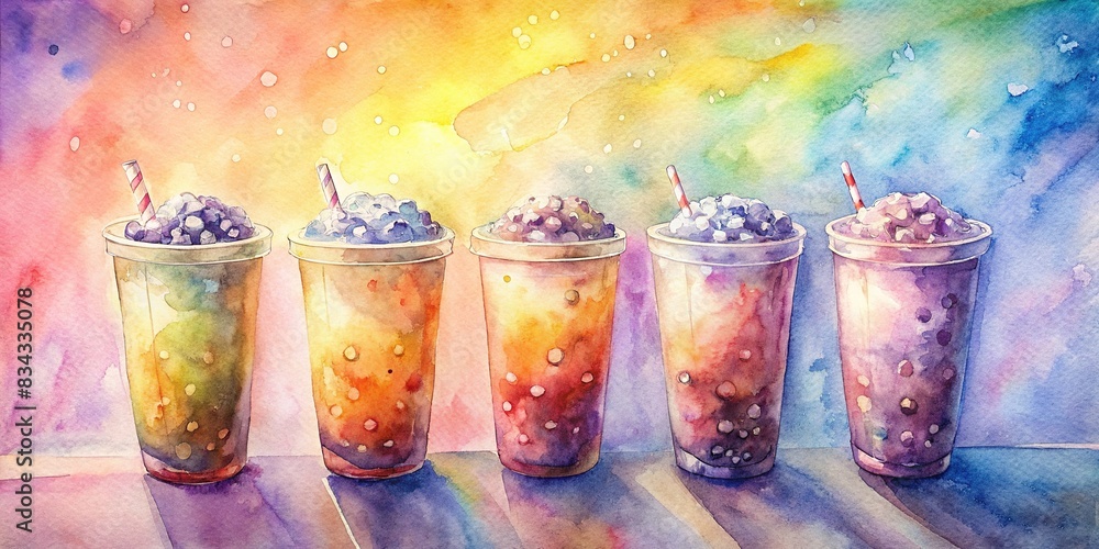 A variety of bobba bubble milk tea in plastic cups standing in a line ...