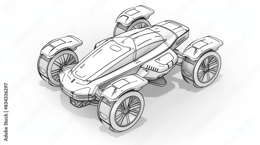 Line drawing of a futuristic race car with four large wheels and a ...