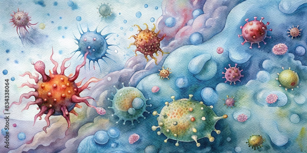 Watercolor painting simulation of leukocytes attacking bacteria ...