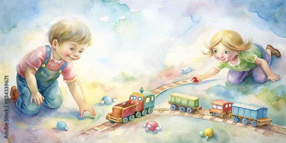 Children playing with toy trains in watercolor style , toy train, play ...