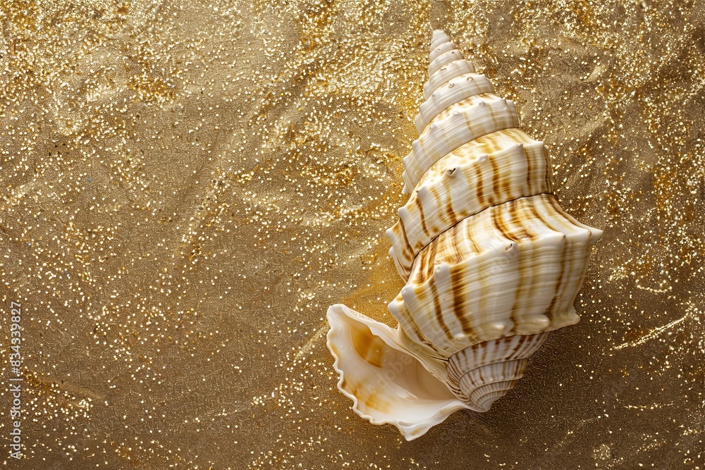 Beautiful sea shell on a gold glittering background with copy space, in ...