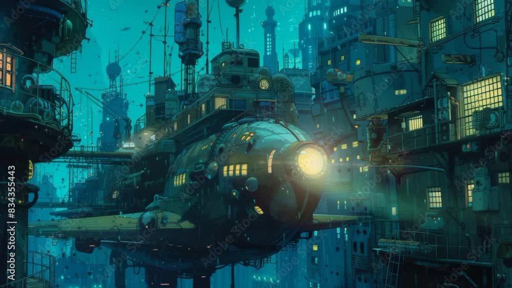 A futuristic city on the seabed with neon glass buildings, transparent ...