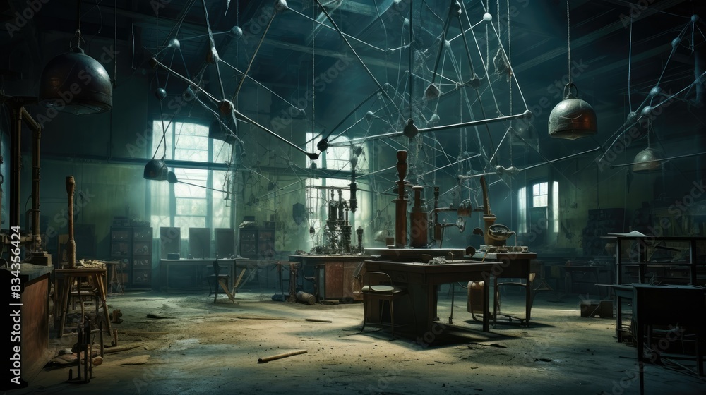 Photograph of an eerie abandoned science lab with dust-covered ...