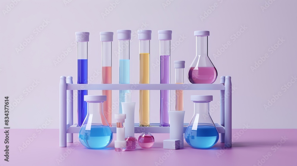 Colorful laboratory glassware with chemicals on pink background. Test ...