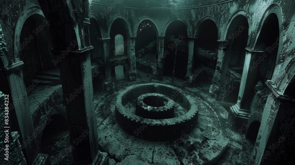 Eerie, ancient, underwater ruins with arches and circular structures. A ...