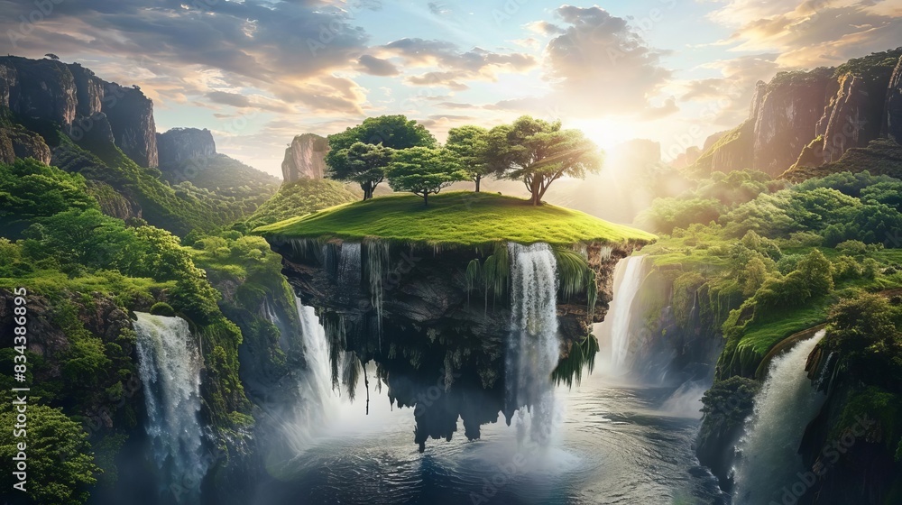 Surreal floating landscape with a waterfall paradise idea, featuring a ...