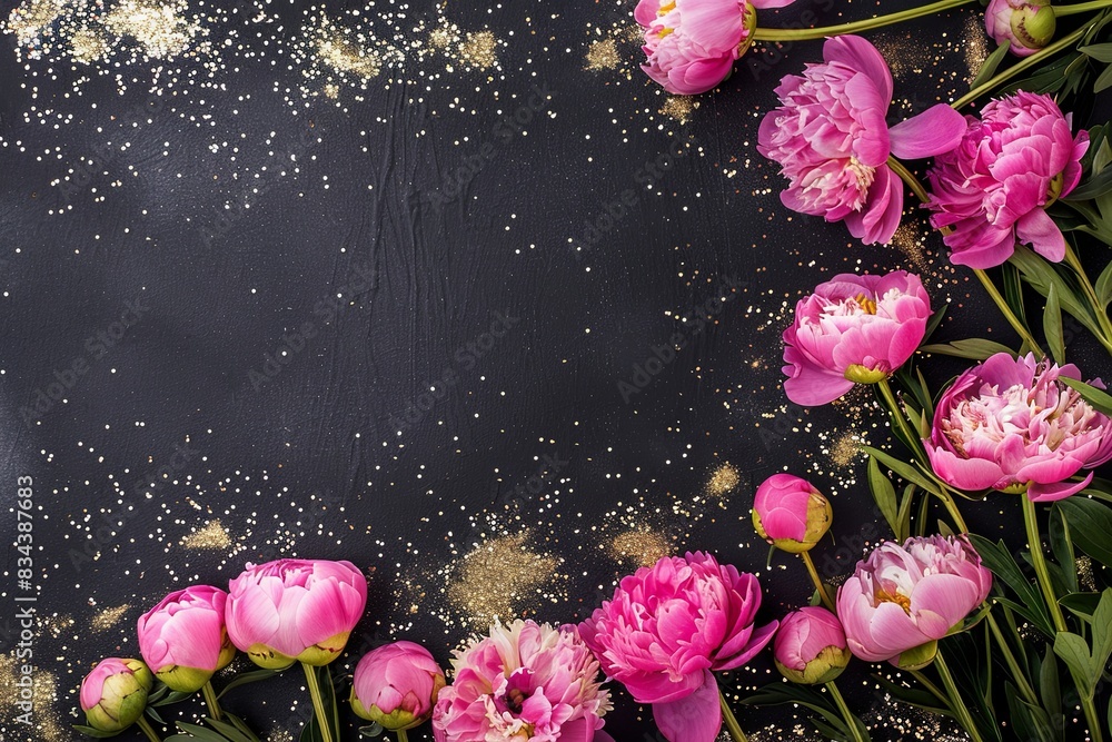 pink peonies and ranunculus flowers , border frame on a black ...