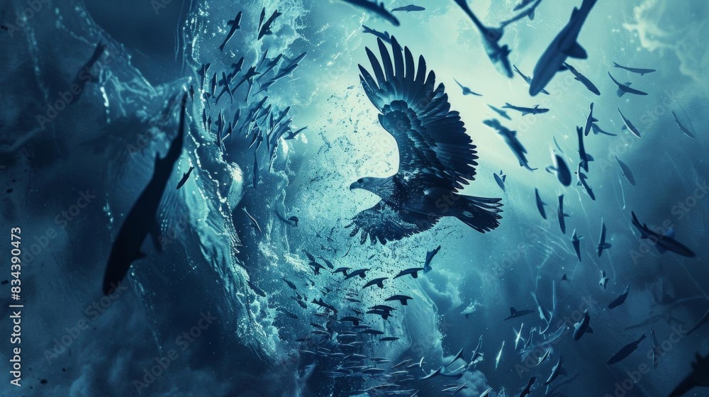 Surreal underwater scene depicting a majestic eagle soaring with fish ...