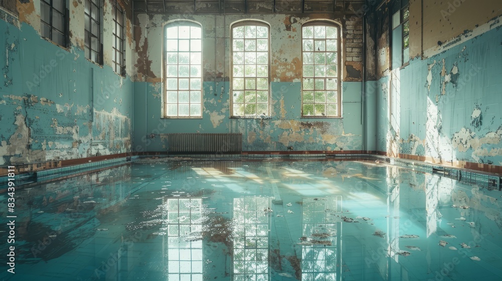 Abandoned dive training pool indoors, peeling paint, empty and silent ...