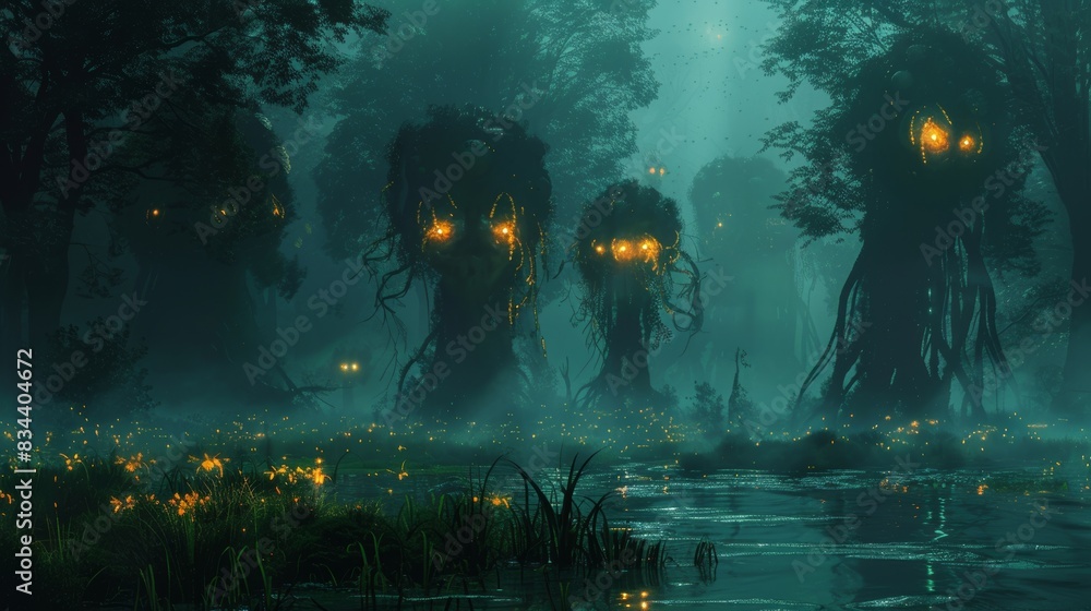 Enigmatic sentient plants with tentacles and glowing eyes in a wetland ...