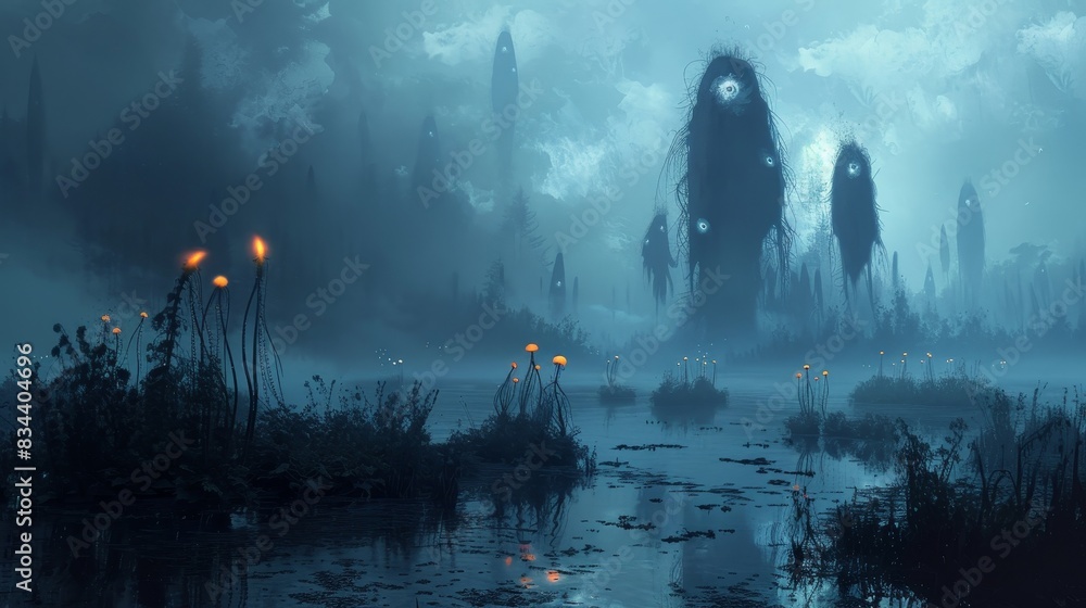 Enigmatic sentient plants with tentacles and glowing eyes in a wetland ...