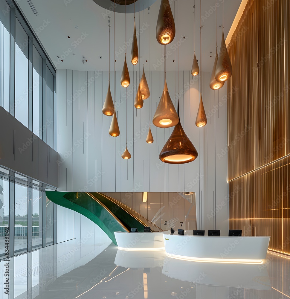 The lobby of the high rise building hotel features white wall panels ...