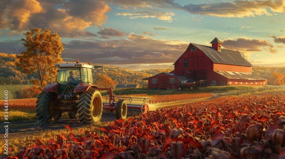 Rural autumn scene with a tractor on a scenic farm, red barn, and ...