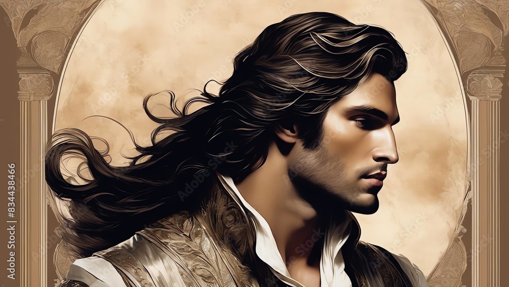 An attractive, dark, and towering guy. He wears an 1800s costume and ...