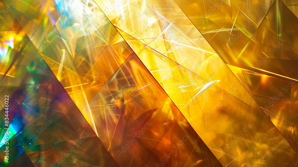 Yellow light shines through a prism, creating a spectrum of colors and ...