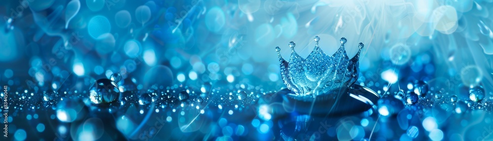 Magnificent blue water droplets, dripping down to form a crown shape ...
