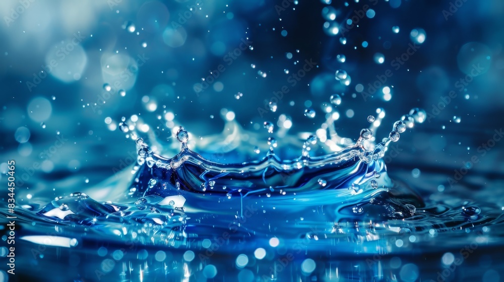 Magnificent blue water droplets, dripping down to form a crown shape ...