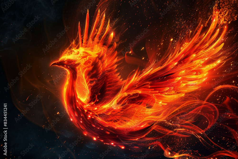 Elegant and powerful phoenix with fire on its wings. A bird with wings ...