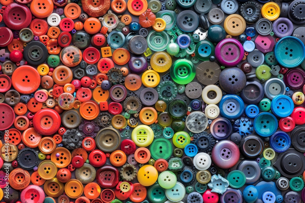 A densely packed collection of buttons in various shapes, sizes, and ...