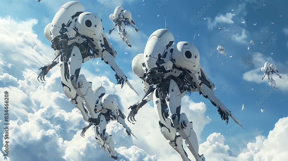 The image shows a group of white robots flying in the sky. The robots ...