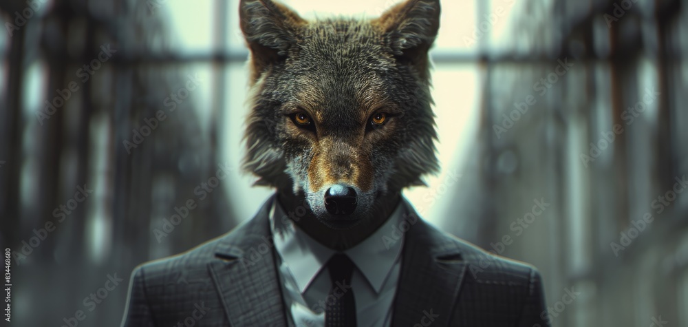 Surreal image of a person wearing a wolf mask with a suit, blending ...