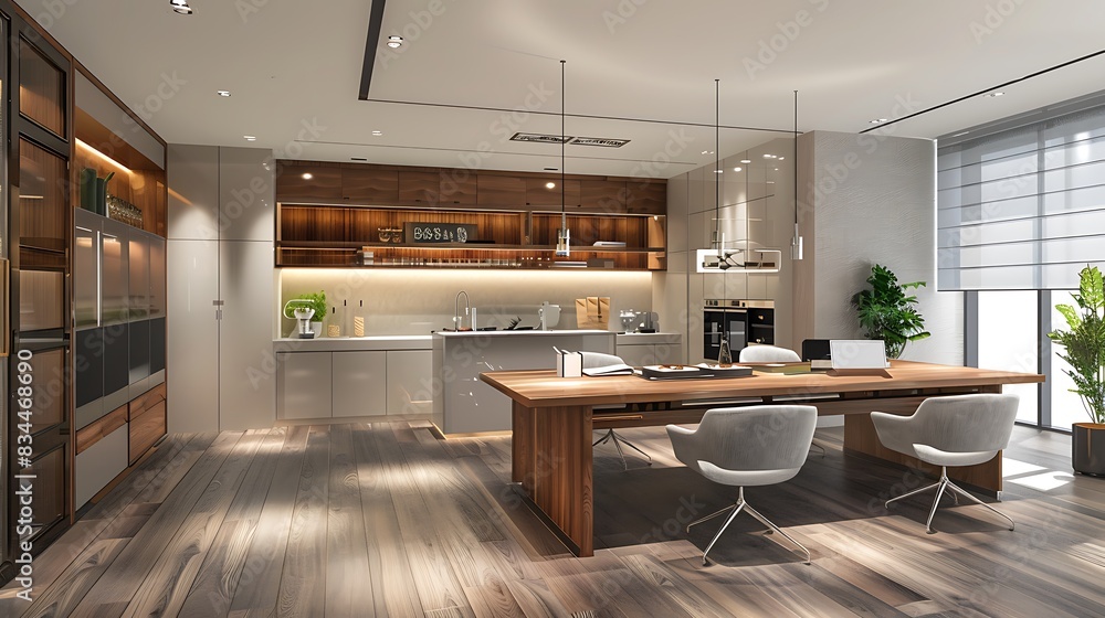 Modern open plan office interior with kitchen large desk chairs with ...