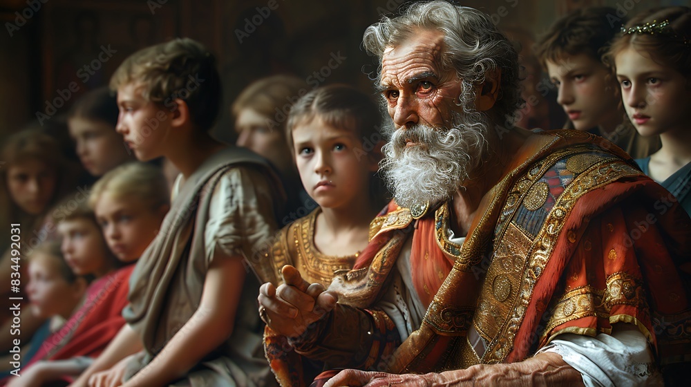 Solomon's Wisdom Family Life Create an image of King Solomon imparting ...