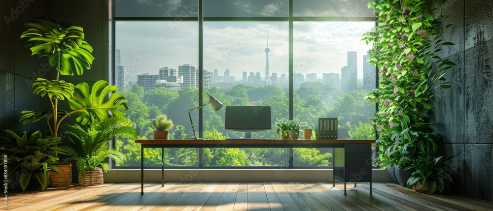 Eco-friendly office with urban greenery through window, green city view ...