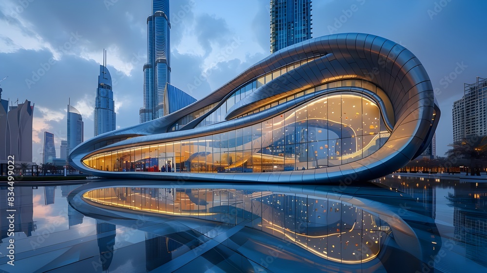 Modern luxury architecture of Dubai skyline with sunset, cityscape with ...