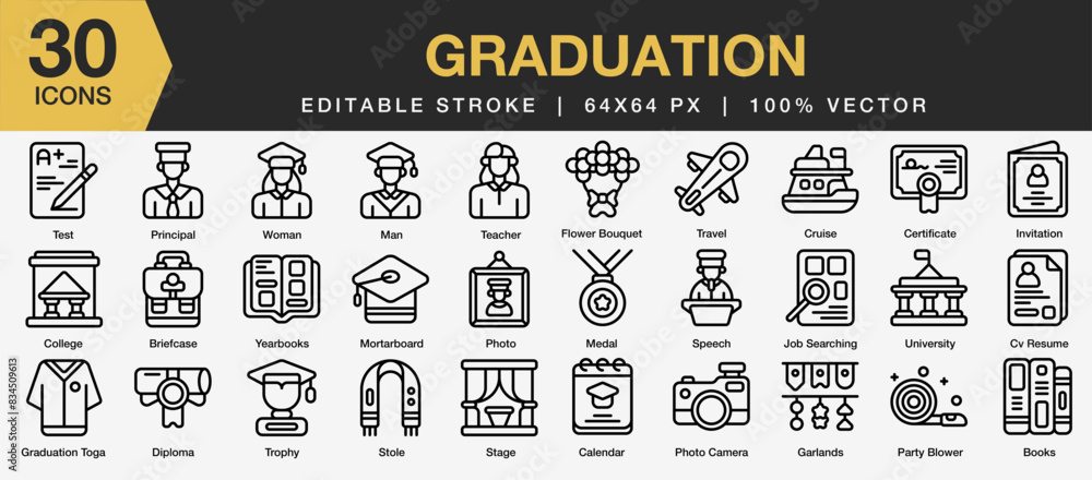 Set of 30 Graduation icon set. Editable Stroke Icon Collection ...