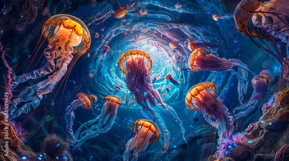 A vibrant, swirling vortex of underwater creatures, including giant ...