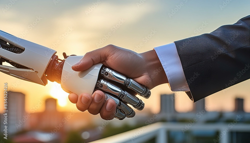 ภาพประกอบสต็อก Digital robot handshake human background futuristic ...