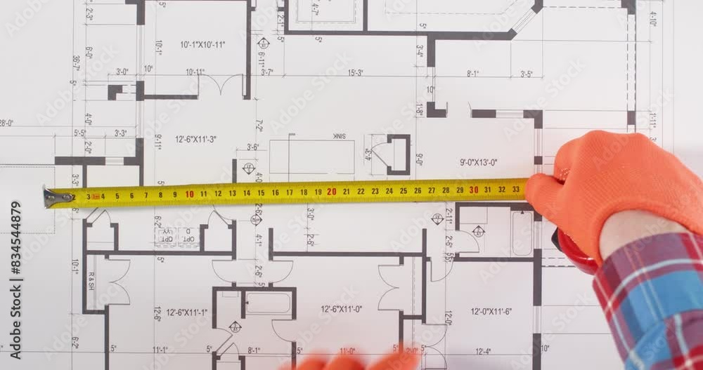 Engineer measures distance on apartment building floor plan with tape ...