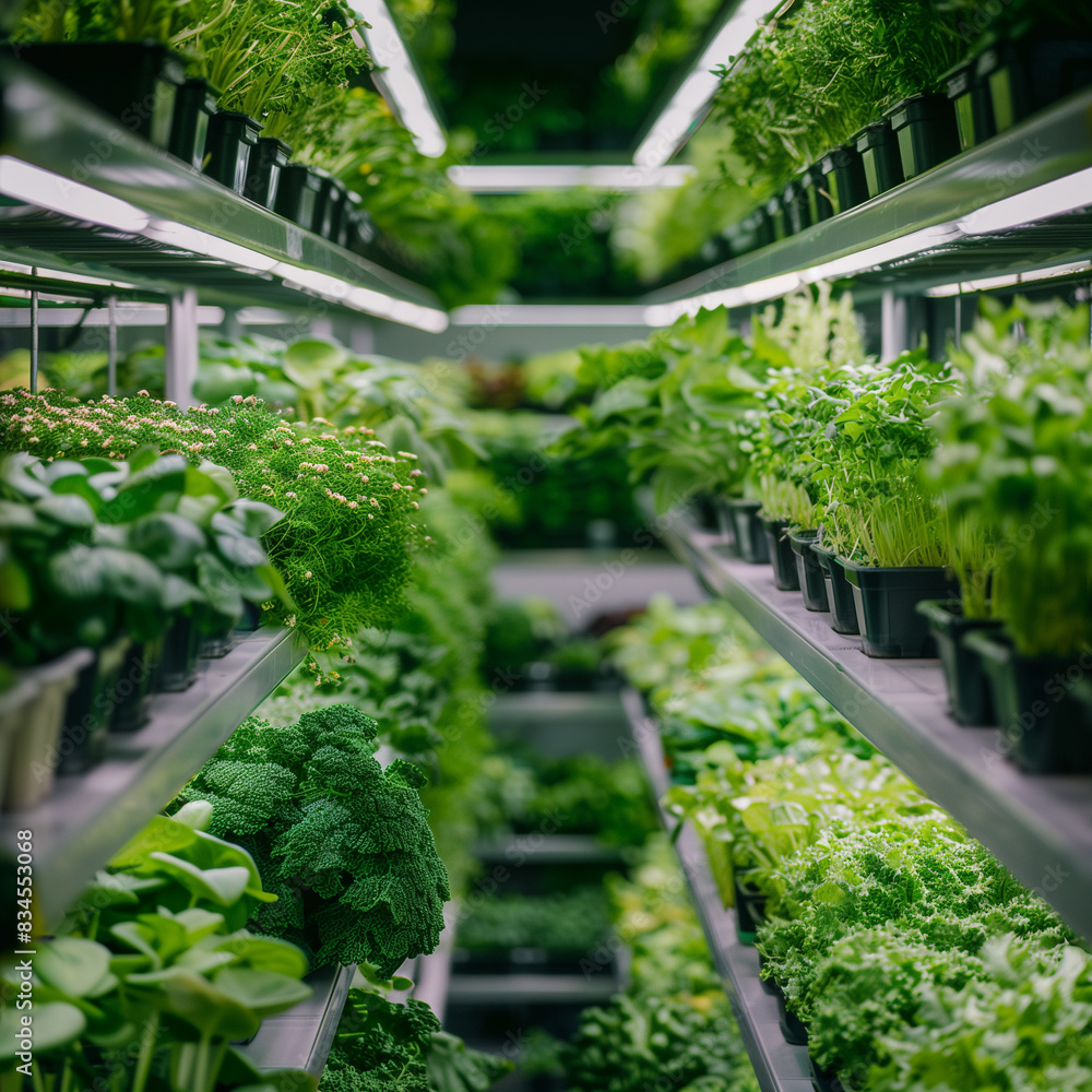Vertical farm facility, showcasing rows of leafy greens and herbs ...