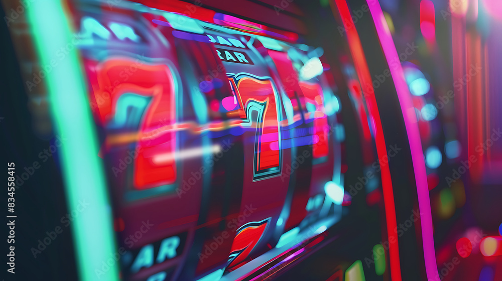 Close up view of a slot machine's rolling drums displaying the winning ...