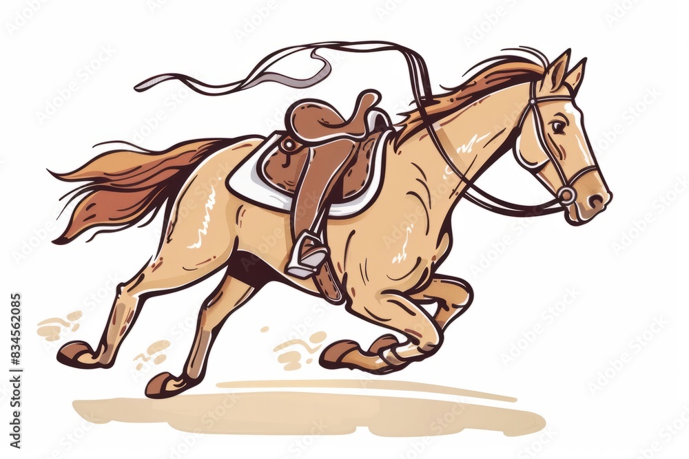 Cartoon cute doodles of a horse galloping with a saddle and reins ...