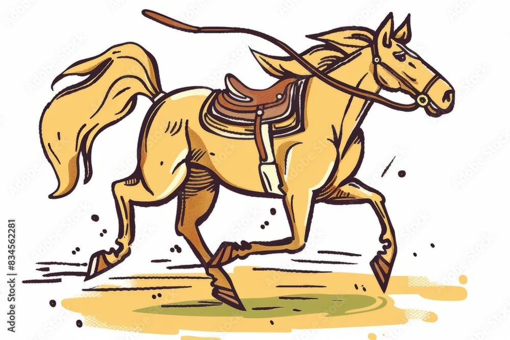 Cartoon cute doodles of a horse galloping with a saddle and reins ...