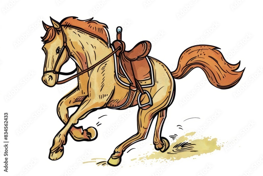 Cartoon cute doodles of a horse galloping with a saddle and reins ...