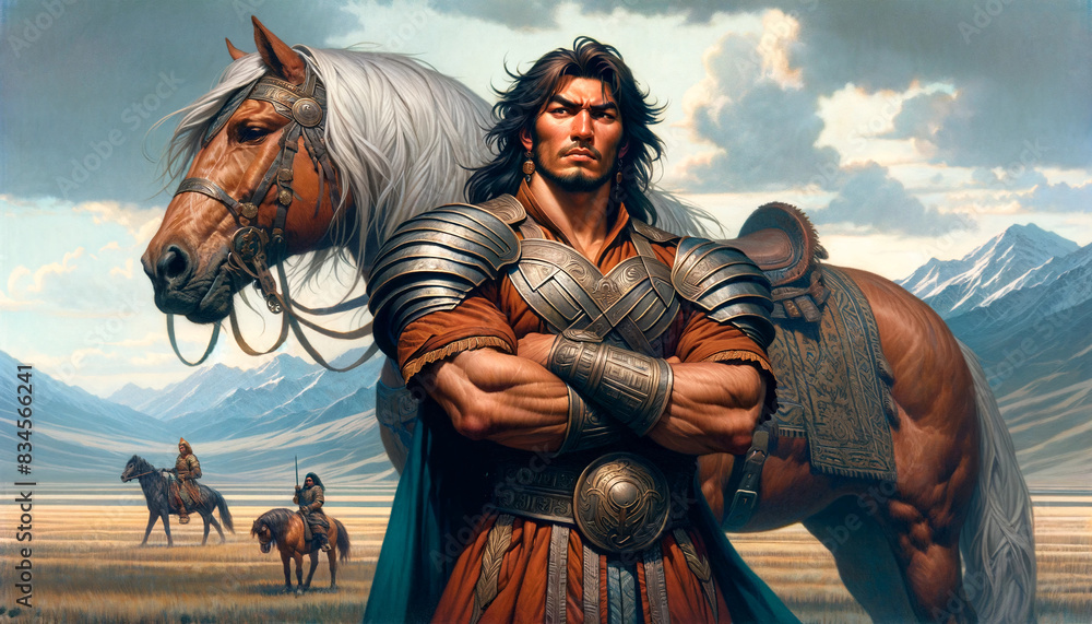 A majestic Manas, the legendary Kyrgyz hero, standing boldly with his ...