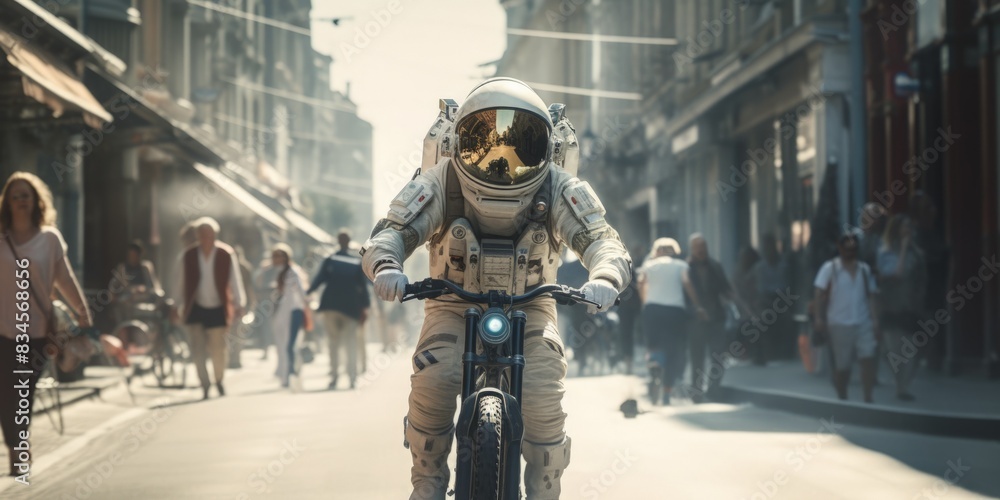 Astronaut riding a bicycle in a busy city street Concept: urban ...